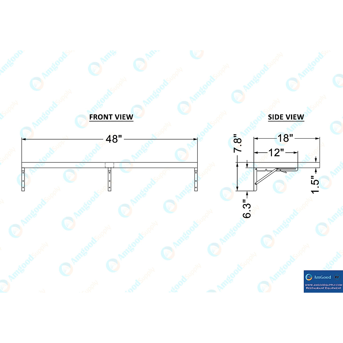 AmGood 18" x 48" Stainless Steel Folding Wall Shelf | NSF Certified | Food Truck | Kitchen, Restaurant, Garage, Laundry, Utility Room