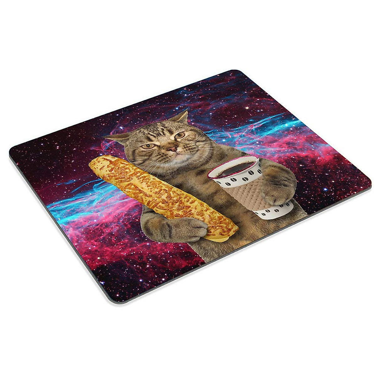 Smooffly Funny cat Mousepad,The Cat is Holding a Cup of Black Coffee and a Baguette with Galaxy Design Customized Rectangle Non-Slip Rubber Mousepad Gaming Mouse Pad