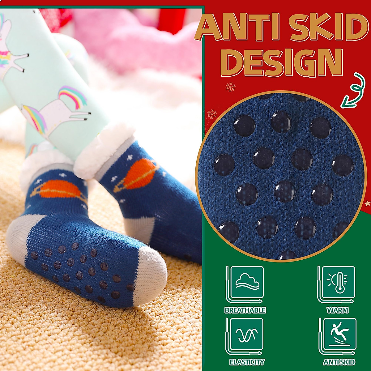 SeeyAN Kids Slipper Socks Fuzzy Socks For Boys Girls Warm Thermal Winter Non Slip Home Socks With Grips (Dark Blue, 5-8 Years)