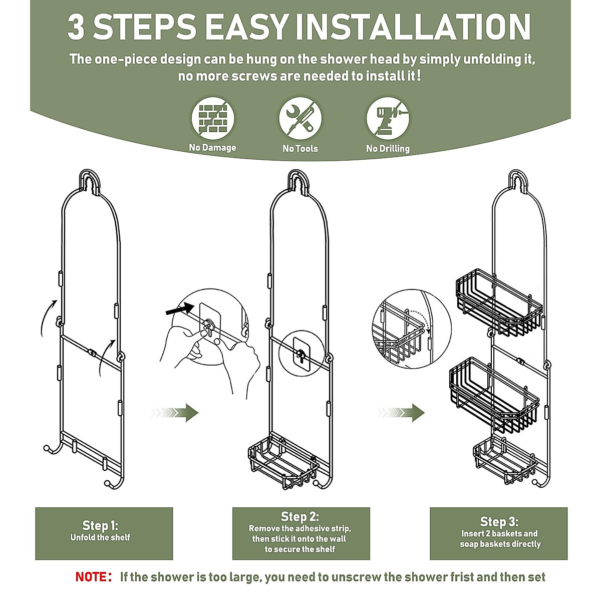 WXCGX Hanging Shower Caddy Over Shower Head Organizer: Stainless Rustproof Bathroom Shower Storage Rack Basket with Soap Holder, Hooks - Large Capacity Shower Shelf for Shampoo, Conditioner, Body Wash