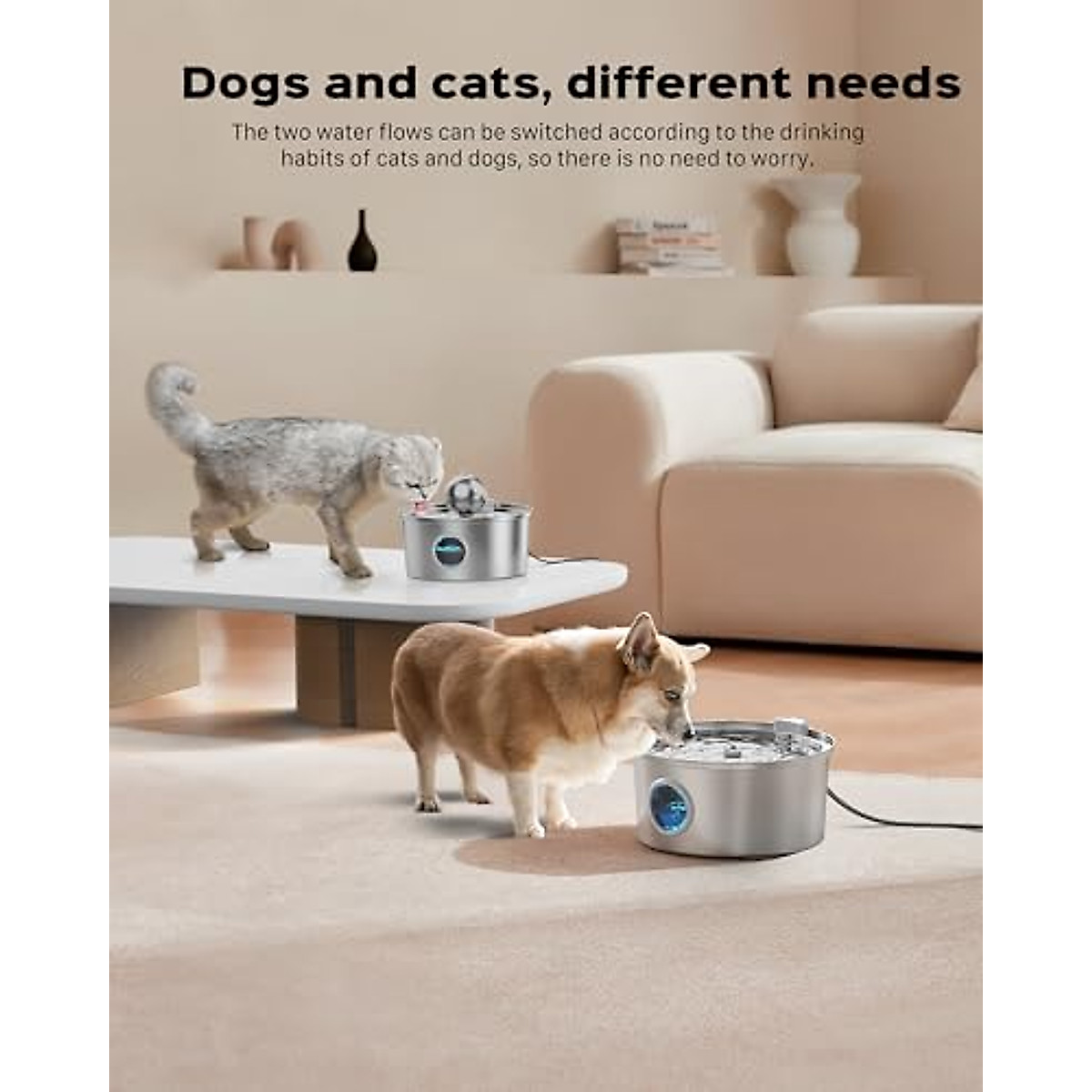 GOOSTOO Stainless Steel Cat Water Fountain - 108oz/3.2L Quiet Pet Fountain with Water Level Window - Attracts Cats to Drink