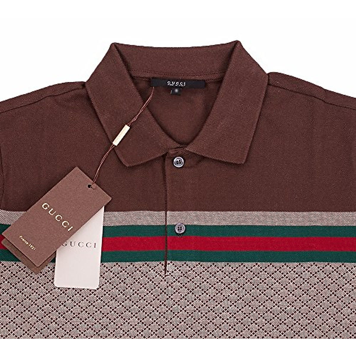 Gucci Mens Polo Shirt Brown with Diamante Print and Front Stripe Signature (XL)