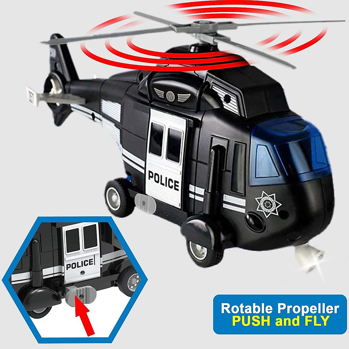 Liberty Imports Police Rescue Helicopter Friction Powered Toy Vehicle for Boys | Push and Go Chopper with Pretend Play Action Lights and Sounds