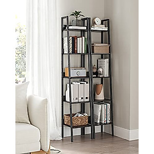 VASAGLE Bookshelf, 5-Tier Narrow Book Shelf, Ladder Shelf for Home Office, Living Room, Bedroom, Kitchen, Black with Wood Grain ULLS109B56