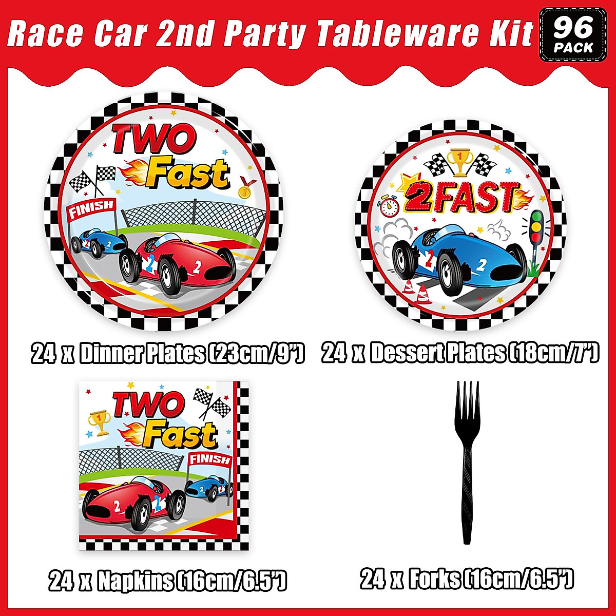Kepeel 96Pcs Two Fast Birthday Party Supplies, Race Car 2nd Party Plates and Napkins Sets for Kids Boys Race Track Racing Sports Themed Two Years Old Party Baby Shower Decorations Favors, Serves 24
