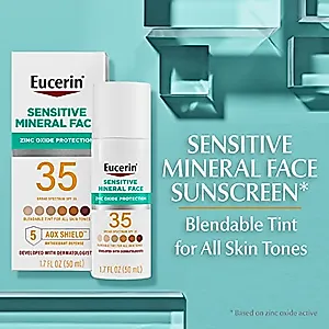 Eucerin Sun Tinted Mineral Face Sunscreen Lotion SPF 35, Non-Comedogenic Mineral Sunscreen with Gentle Zinc Oxide Protection for Sensitive Skin, 1.7 Fl Oz Bottle