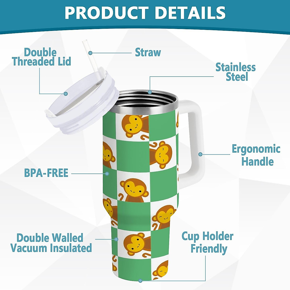 ZZXXB Monkey Plaid Print Insulated Stainless Steel Water Bottle with Handle and Straw Lid Double Walled Travel Mug 30 oz