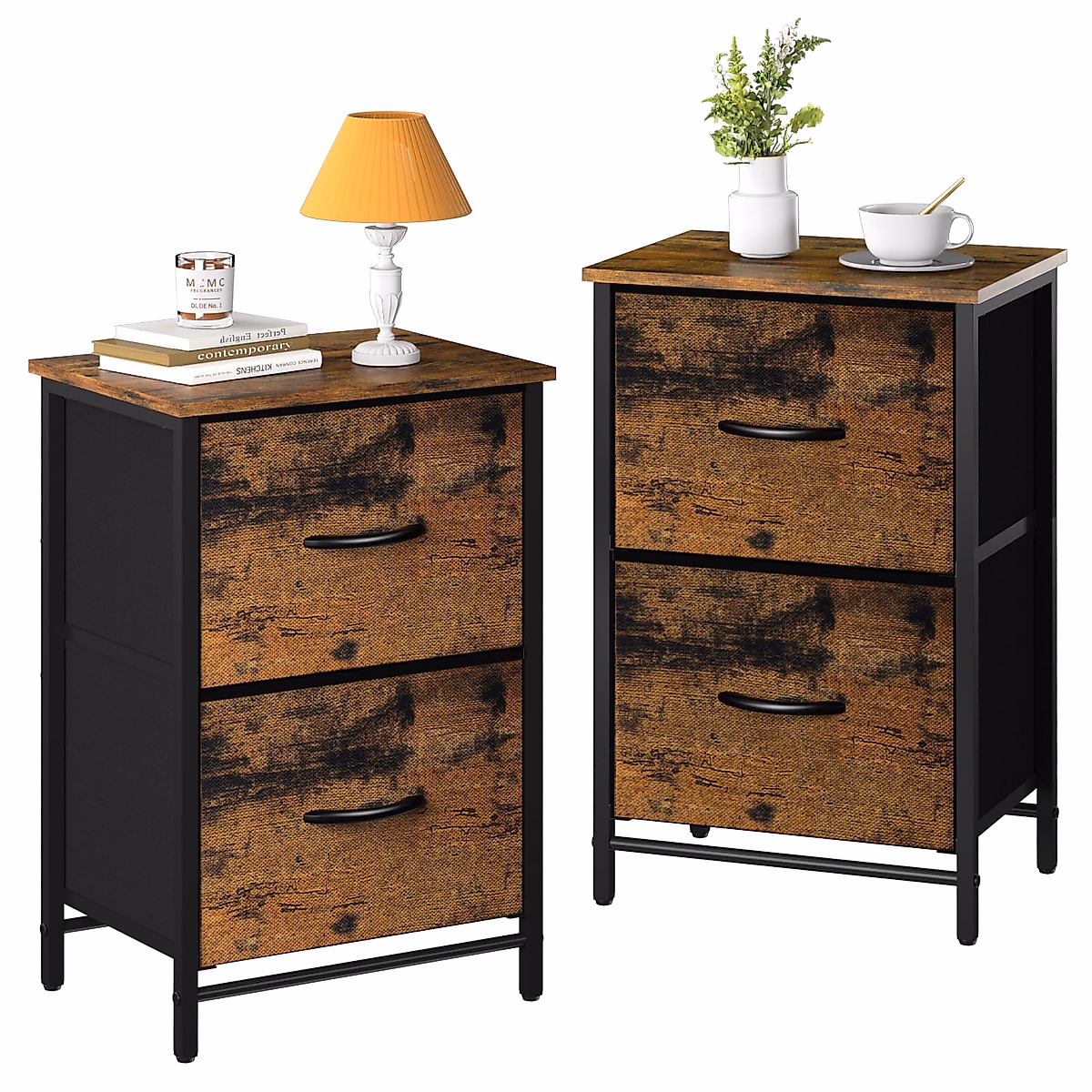 Yoobure Night Stand Set 2, Nightstand with 2 Fabric Drawers, Small Wood Nightstands for Bedroom, Bedside Tables with Drawers for Small Spaces, Large Storage Drawers Dresser for Dorm Bed Side Table