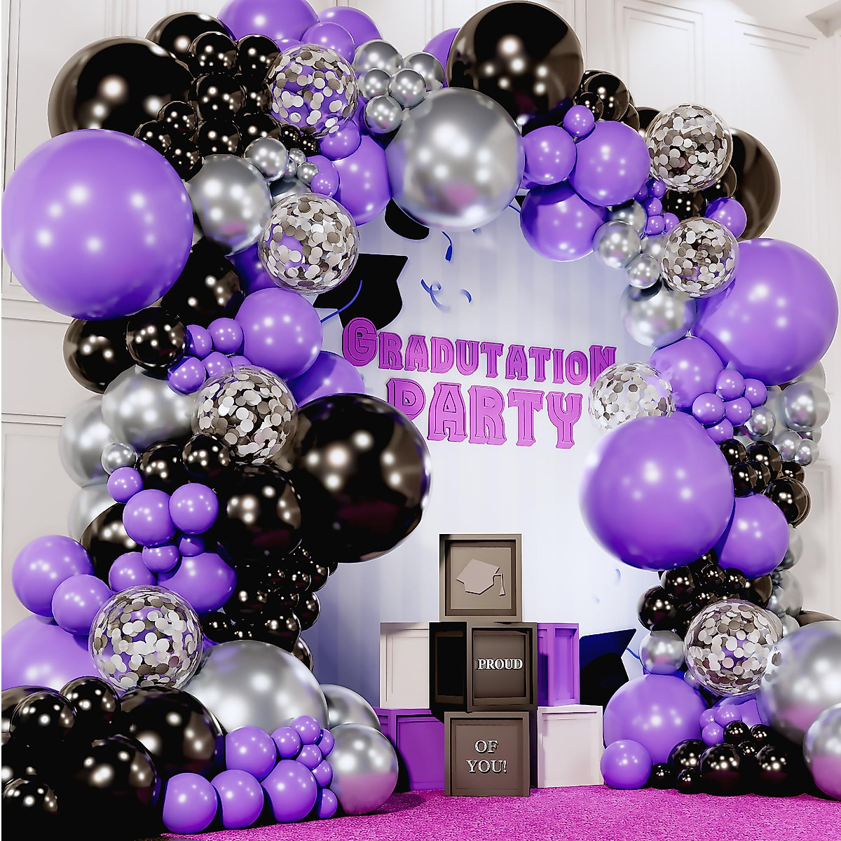 ALL-IN-1 Purple and Black Balloons Garland & Arch Kit – Small and Large Purple Black and Silver balloons – Party Decorations & Supplies for Graduation Birthday Retirement Halloween – Wednesday