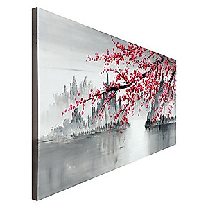Traditional Chinese Painting Hand Painted Plum Blossom Canvas Wall Art Modern Black and White Landscape Oil Painting for Living Room Bedroom Office Decoration (48x24 inch)