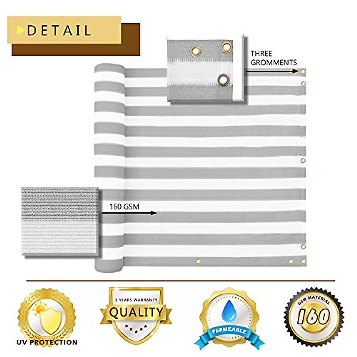 COARBOR Balcony Privacy Screen Fence: 3' x 25' Apartment Patio Privacy Screen Gray White Stripe Balcony Cover Balcony Décor 90% Blockage Balcony Deck Shield