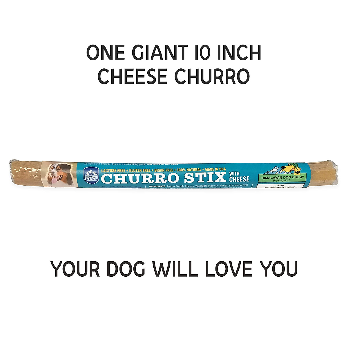 yaky Churro Himalayan Cheese Treats | Lactose Free - Gluten Free - Grain Free | USA Made | for All Breeds | 1 x 10 inch Churro | Real Himalayan Cheese Churro