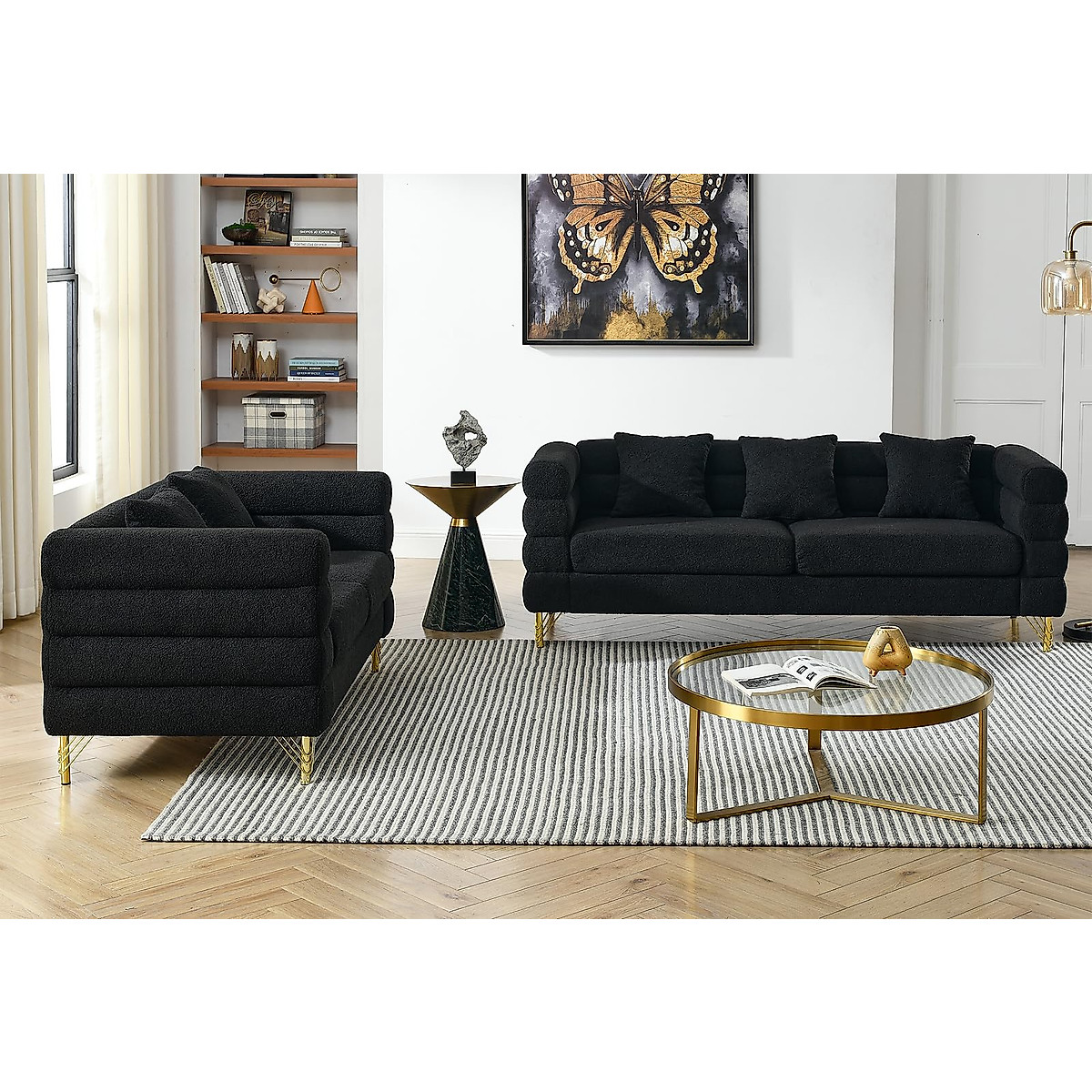 Comfy 3 Seater Sofa, 81-inch Oversized Boucle Couch with Deep Seat Design, Upholstered Sofa Couch with 2 Pillows, Modern Living Room Sofa with Stylish Metal Legs for Office, Waiting Room, Black Teddy