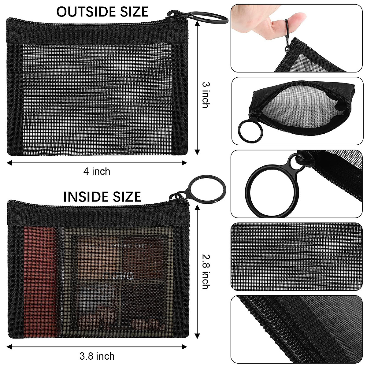 Frienda 10 Pcs Small Mesh Bags with Zipper Mini Zipper Mesh Bags Nylon Cosmetic Coin Purse Pouches Portable Reusable Storage Pouch with Keychain for Women Home Travel(3 x 4 Inch,Black)