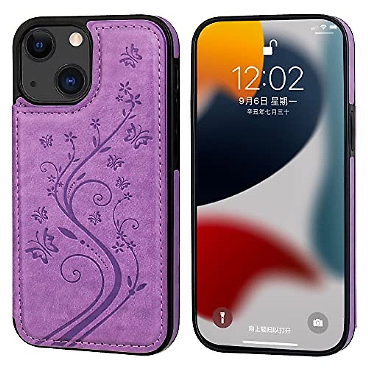 Vaburs Compatible with iPhone 13 Mini Case Wallet with Card Holder, Embossed Butterfly Pattern PU Leather Double Buttons Flip Shockproof Protective Cover for Magnetic Car Mount 5.4 Inch (Purple)
