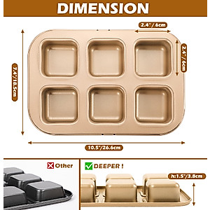 Webake Brownie Cake Pan, 6-Cavity Non-Stick Square Muffin Pan 1.6 Inch Deep Brownie Mold Small Cake Pan Bakeware for Oven Baking (Champagne Gold)