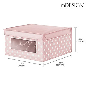 mDesign Medium Soft Stackable Fabric Baby Nursery Storage Organizer Holder Bin Box with Front Window and Lid for Child/Kids Bedroom, Playroom, Classroom - Light Pink/White Polka Dot