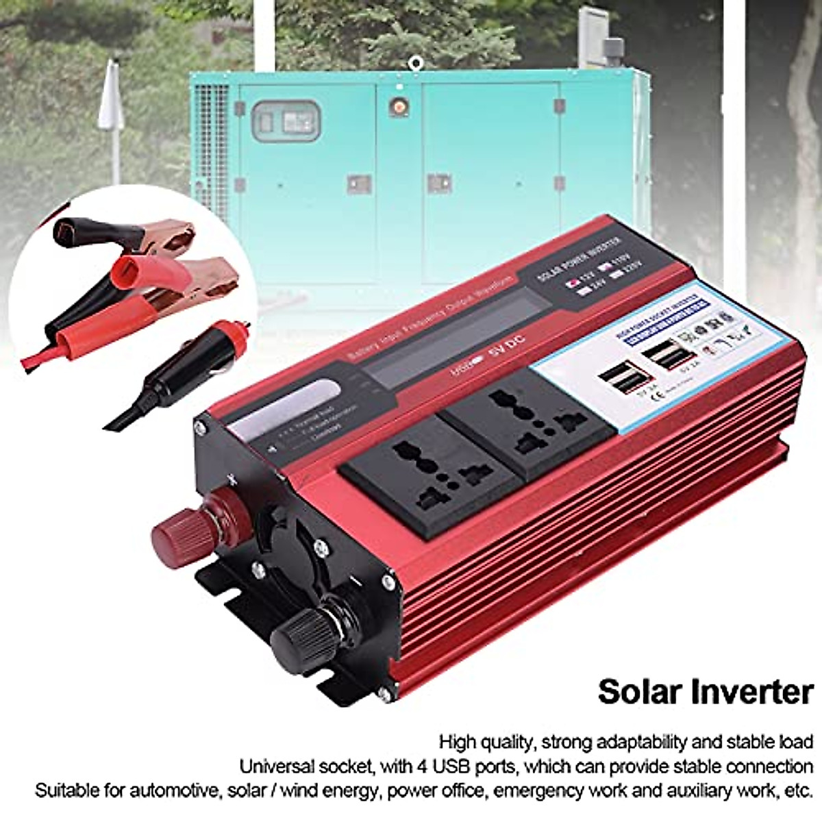 Jeanoko 3000W Solar Inverter, No Noise Power Battery Converter No Pollution Digital Display Solar Inverter 4 USB Ports for Power Office for Driver