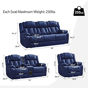 Manual Recliner Sofa Set 3 Piece with Wireless Charger for Living Room,Leather 3 Seater Reclining Couch with Bass Speaker and Loveseat Theater Seating,Home Electric Recliner Chair with LED Light,Blue