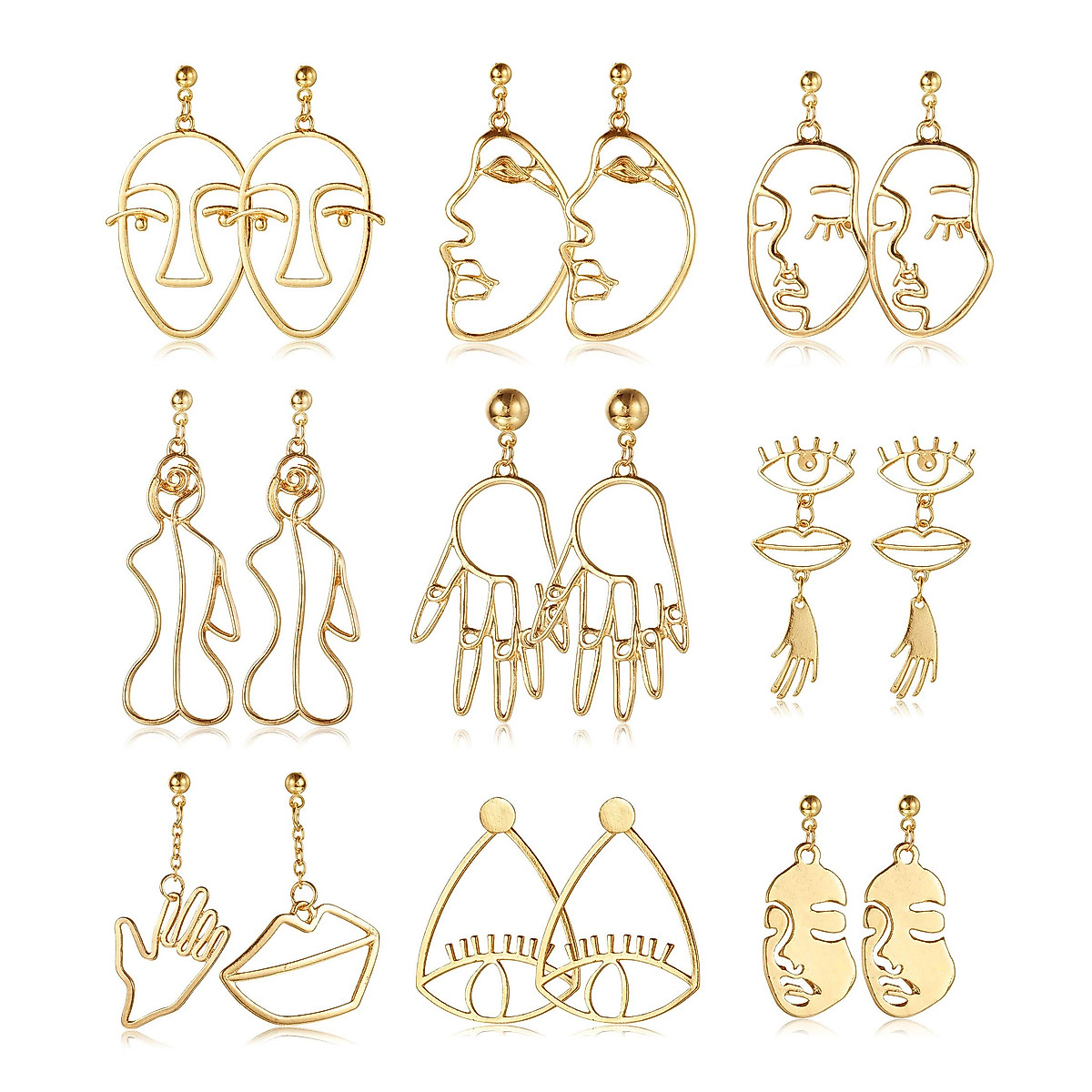 YADOCA 9 Pairs Face Hand Earrings for Women Hollow Statement Geometric Fun Abstract Art Earrings