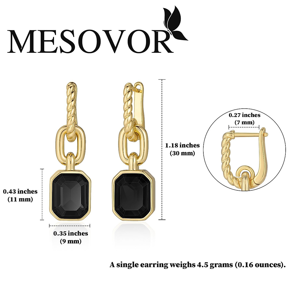 Mesovor Gold Crystal Hoop Earrings for Women Trendy, 18K Gold Plated Hoop Earrings | Emerald Green Black Crystal Dangling Earrings Jewelry Gift for Mother Wife (Black)