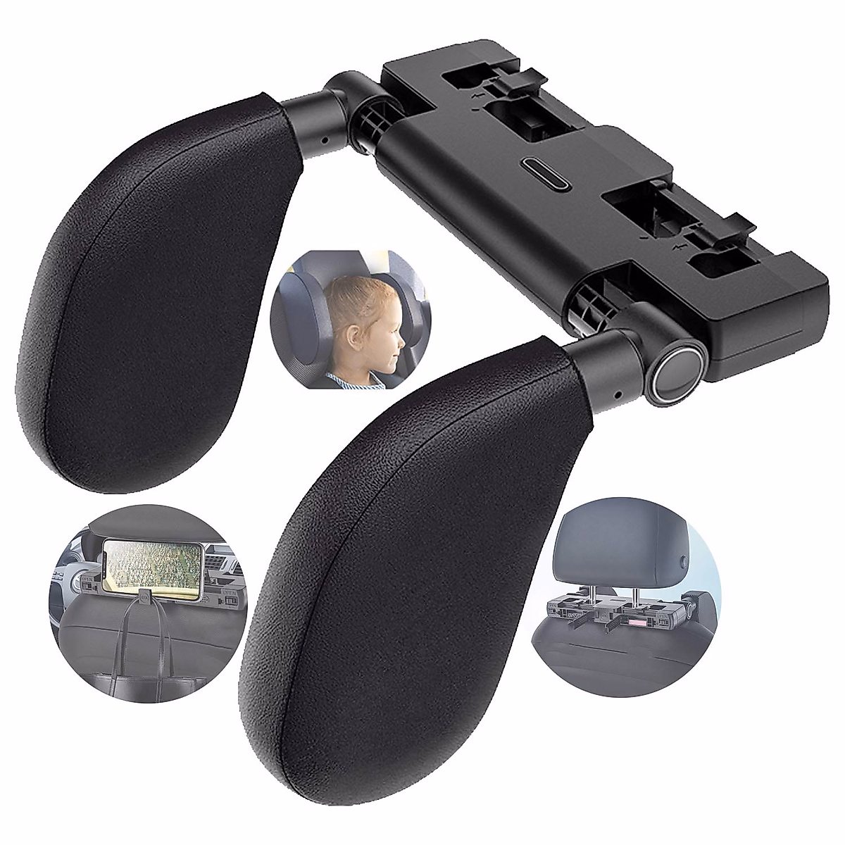 JOYBOOM Car headrest Pillow 2021 New Version,Upgraded with Hook,Road pal Detachable for Child in Long Trip,Head Neck Support Adjustable,Memory Foam U Shape Sleep Travel Protection, Leather Black