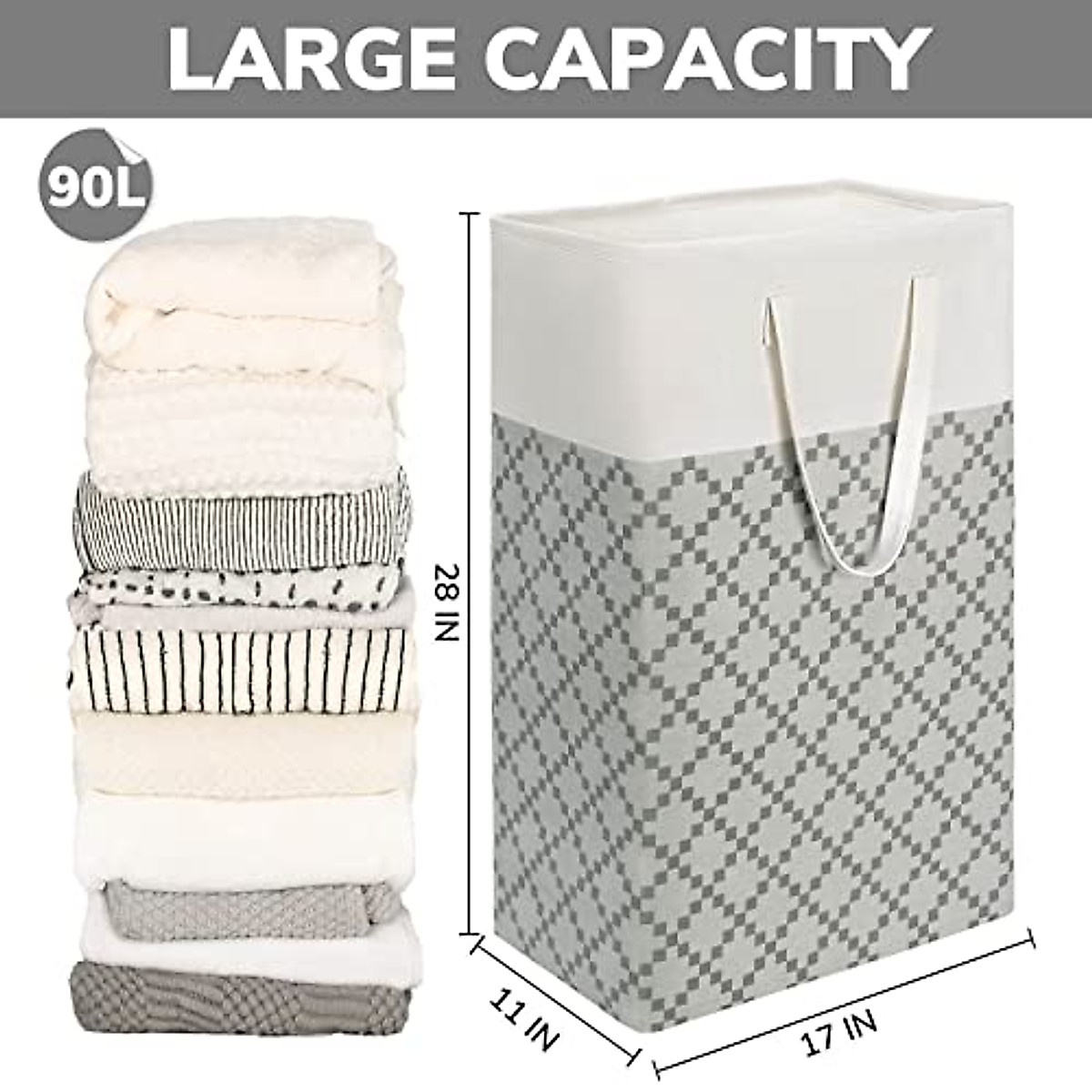 CherryNow Large Laundry Hmaper 90L 2 Pack, Collapsible Laundry Basket Dirty Clothes Hamper with Extended Handles Decorative Basket for Laundry Tall Laundry Bin for Bathroom, Bedroom, Grey