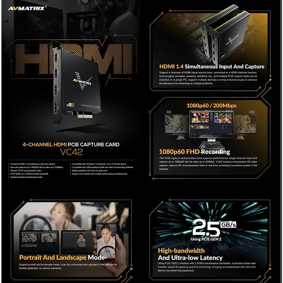 AVMATRIX VC42 4-CH HDMI PCIE Capture Card HDMI 1.4 simultaneous Input and Capture