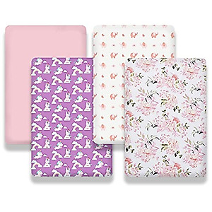 Little Grape Land Crib Sheets Girl 4 Pack, Baby Crib Sheets for Standard Crib & Toddler Mattress, Super Soft Breathable Crib Sheet Set for Girls, Pink Flowers/Elephant/Purple Unicorn/Solid Pink