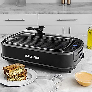 Kalorik, GR 45386 BK, Indoor Smokeless Grill with Tempered Glass Lid, Removable Grill Plate, Drip Tray, Digital Temperature Control LED Display, Precise Cooking up to 460 Degrees.