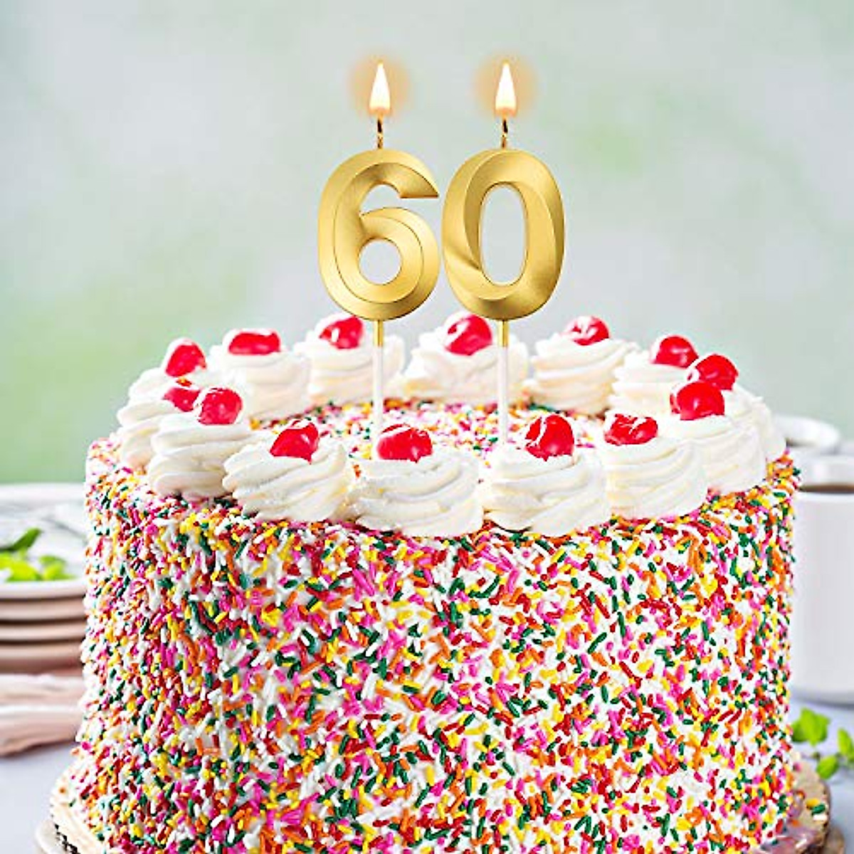 60th Birthday Candles Cake Numeral Candles Happy Birthday Cake Topper Decoration for Birthday Party Wedding Anniversary Celebration Supplies (Gold)