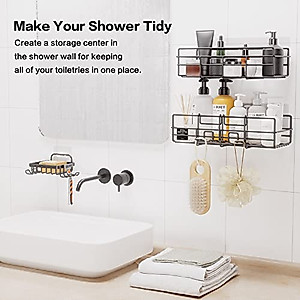 Goabroa No Drilling Shower Caddy Basket Shelf, 3 Pack Self Adhesive Shower Shelves with Soap Holder and Hooks, Multifunctional Wall Storage Organizer for Bathroom