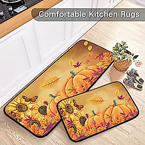 Sunflower Pumpkin Kitchen Rugs 2 Pieces, Maple Leaves Floor Mat Room Area Rug Washable Carpet Perfect for Living Room Bedroom Entryway