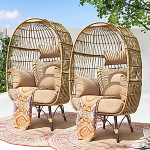 BULEXYARD Patio Wicker Stationary Egg Chair with Legs, Indoor Outdoor Oversized PE Rattan Egg Lounge Chairs for Garden, Backyard, Living Room, Bedroom(Brown/Brown, 2 Pcs)