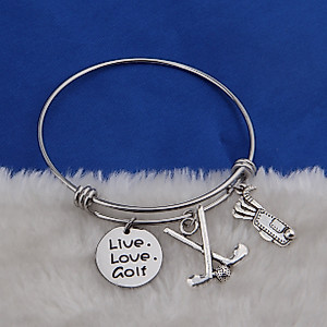FEELMEM Golf Bracelet Live Love Golf Expandable Charm Bracelet Golf Jewelry Gift for Golf Lover/Golf Club/Golf Team（silver）