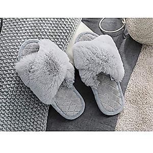 HUMIWA Grey Women's Cross Band Slippers Soft Open Toe Furry Cozy Fur House Slippers Memory Foam Sandals Slides Soft Anti-Slip on Home Slippers for Girls Men Indoor Outdoor