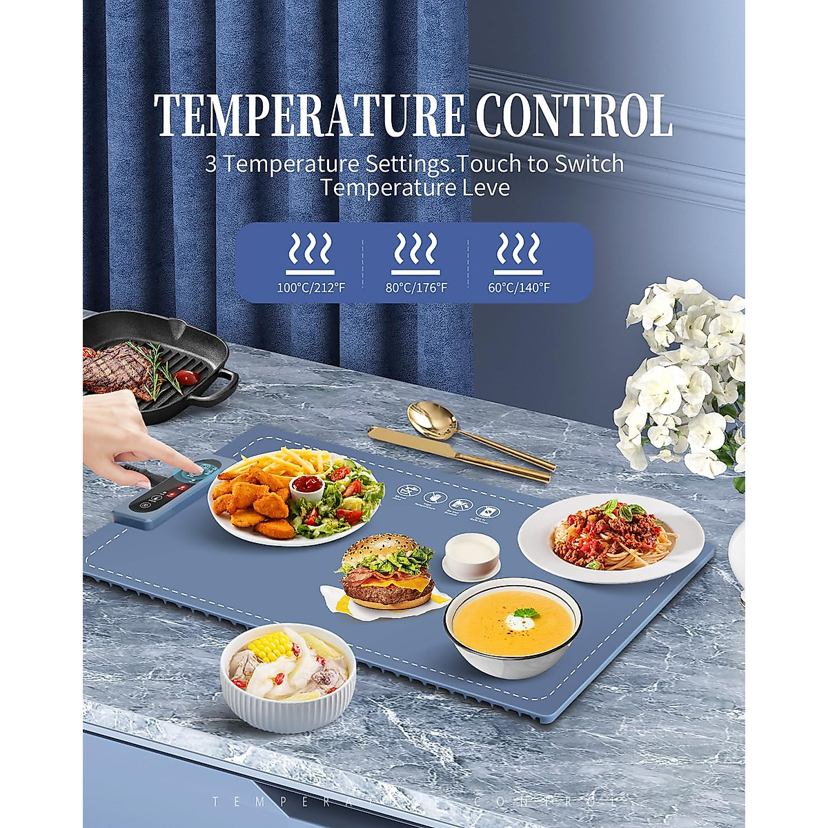 Food Warming Mat, Electric Warming Tray, Portable and Rollable, Premium Silicone Nano-Material, Fast Heating, 3 Temperature Settings & Auto Shut-Off for Buffet, Party, Thawing