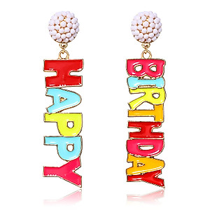 Birthday Earrings for Women Enamel HAPPY BIRTHDAY Dangle Earrings Beaded Stud Letter Drop Earrings Birthday Party Jewelry Gift (Letter)