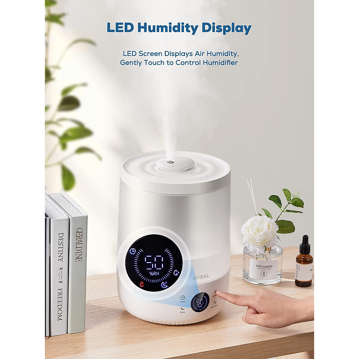 Aiheal Humidifiers for Bedroom Large Room, 4.5L Top Fill Cool Mist Ultrasonic Humidifier for Plants and Baby, Lasts 37 Hours, Timer, Auto Shut Off, Super Quiet, Sleep Mode, White