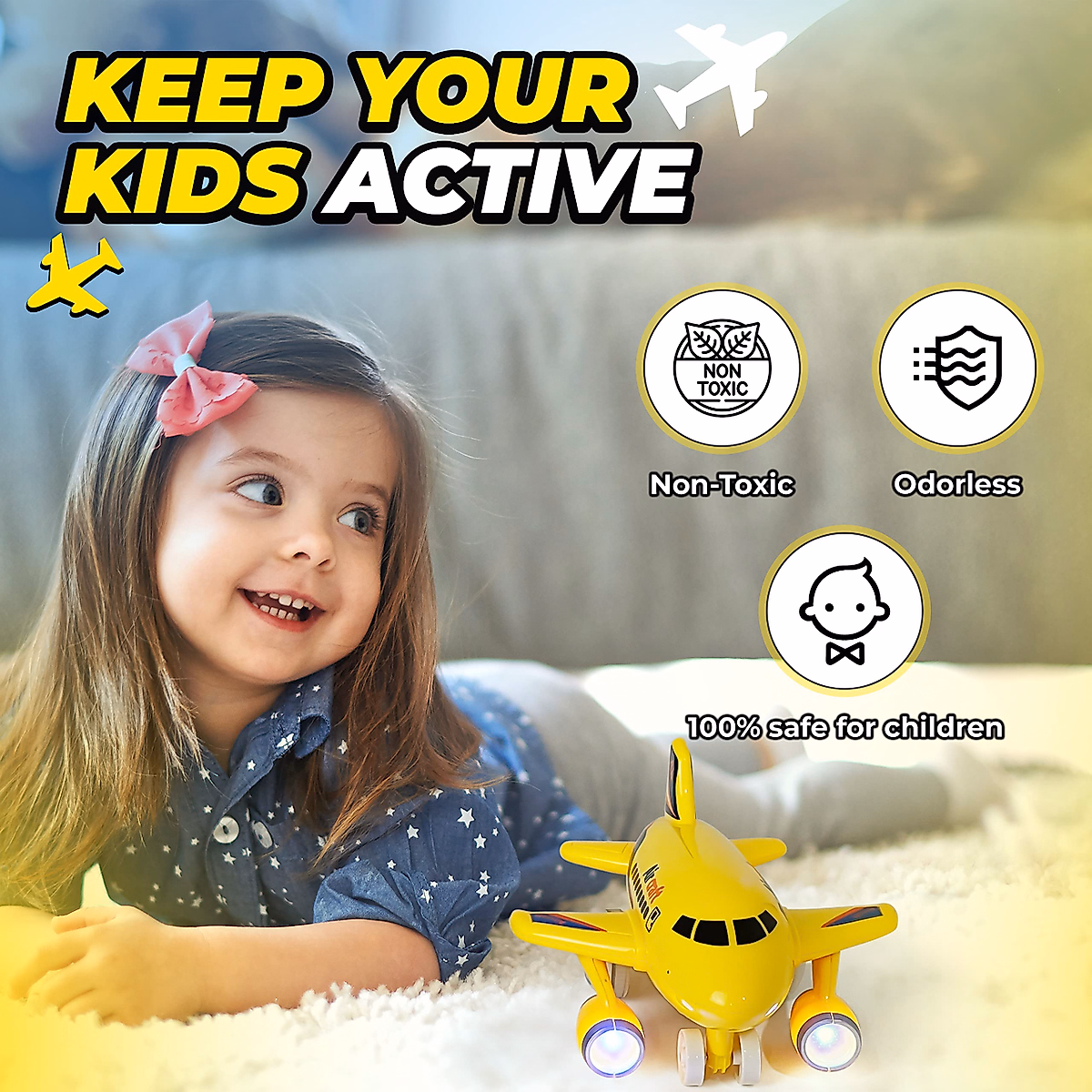 KIDSTHRILL Kids Airplane Toy for Boys & Girls. Set of Three Toy Airplanes with Flashing Lights, Music & Airplane Sound, Push and Go Toy Plane Gift Toys for Toddler Boys 2 3 4 5 6 7 Years Old & up