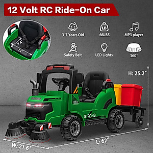MOLACHI Ride On Street Sweeper Truck,12V Ride on Car w/Remote Control,Electric 360 Degree Rotating Sweeping Brooms，Music,LED Light,Ideal Gift for Kids 3-7 Years Old,Green