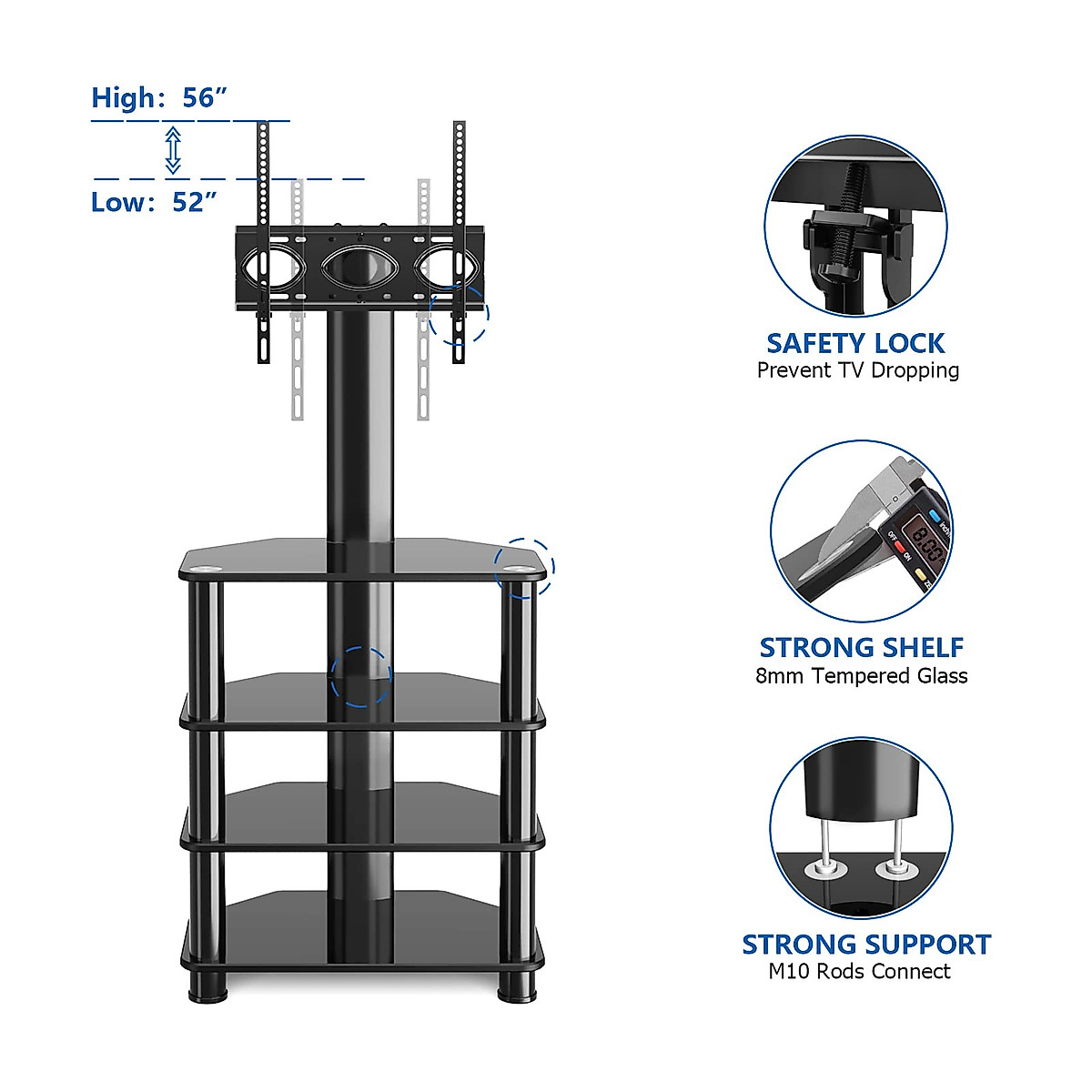 Rfiver Swivel TV Stand with Mount for 32"-70" Flat Screen, Slim Corner Entertainment Floor TV Mount with 4-Tier Tempered Glass Media Shelves, Height Adjustable and Cable Management