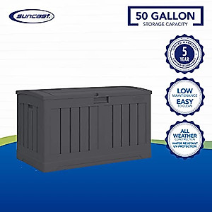 Suncast 50-Gallon Outdoor Resin Patio Deck Storage Box with Seat, Peppercorn
