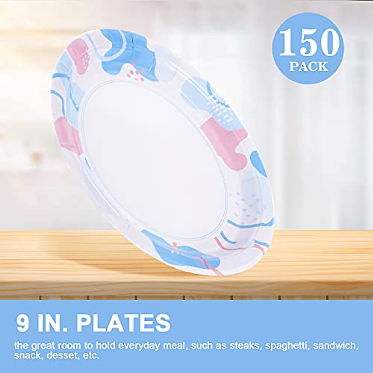 Tyzarglef 150 Count Paper Plates 9 inch Bulk Printed Disposable Dinner Plates Heavy Duty Soak-proof for Everyday Use and All Occasions