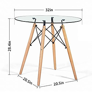 Round Glass Dining Table Small Kitchen Table Modern Circle Dining Room Table 32" with Wood Legs for Dinner Small Spaces Clear