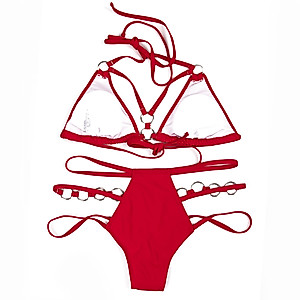 EJsoyo Womens Sexy Thong Bikini Swimsuits String Push up Padded Bathing Suit 2 Piece Cheeky Swimwear with Metal Ring (Large, Red)