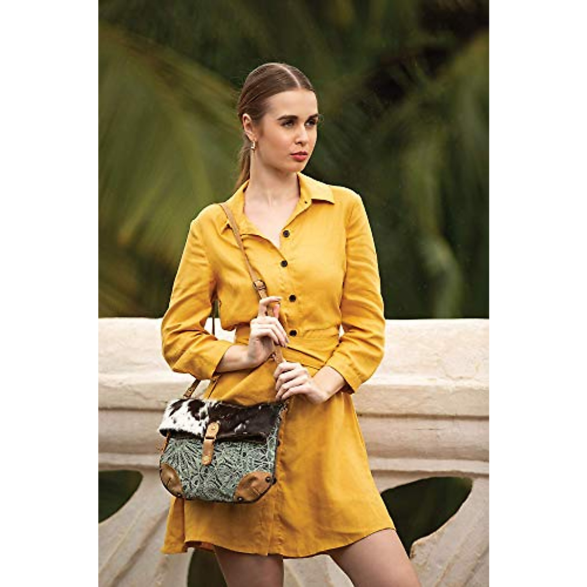 Myra Bag Macey Flap Over Upcycled Canvas & Cowhide Leather Small Crossbody Bag S-1221