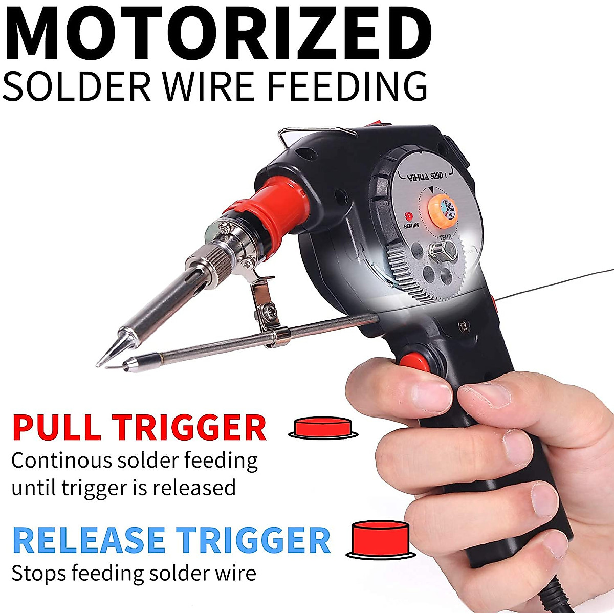 YIHUA 929D-I Motorized Automatic Feed Soldering Gun with Variable Precise Temp (392-842°F), On-off Switch, Temp Adjustment Dial for Single-Handed soldering work, Wire Splicing, Wire-to-switch