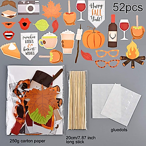 52 Pieces Happy Fall Yall Photo Booth Props Kit Thanksgiving Day Harvest Festival Pumpkin Party DIY Costumes Props with Wooden Sticks for Party Decorations