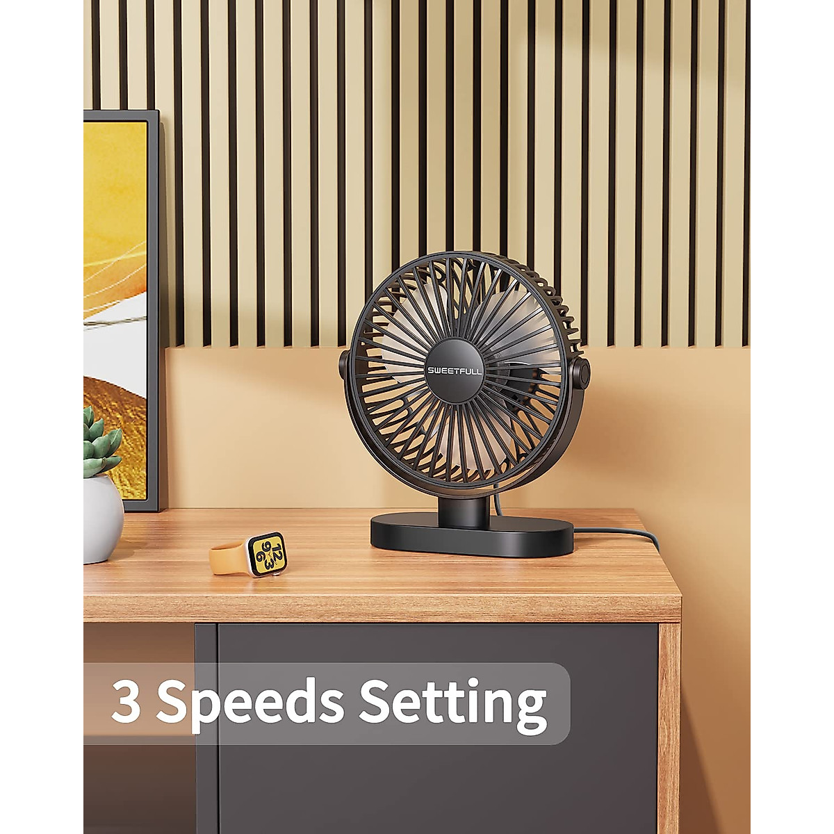 SWEETFULL USB Desk Fan Small Quiet - 3 Speeds Mini Personal Portable Fan 360° Rotation Adjustable, 6 Inch Office Table Cooling Gadgets on Desktop (Black)